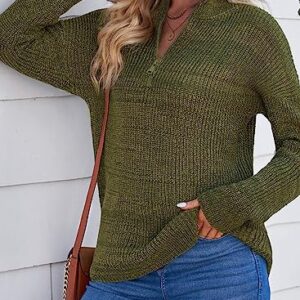 EVALESS Sweaters for Women Waffle Knit Long Sleeve Quarter Zip Pullover for Women Business Casual Fall Fashion Tops Winter Trendy Aestheic Teathcer Clothes V Neck Oversized Green Sweater,Samll Size