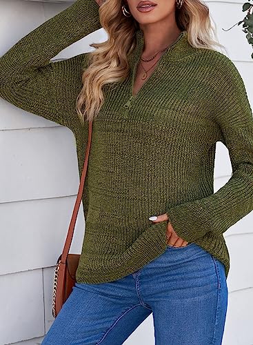 EVALESS Sweaters for Women Waffle Knit Long Sleeve Quarter Zip Pullover for Women Business Casual Fall Fashion Tops Winter Trendy Aestheic Teathcer Clothes V Neck Oversized Green Sweater,Samll Size