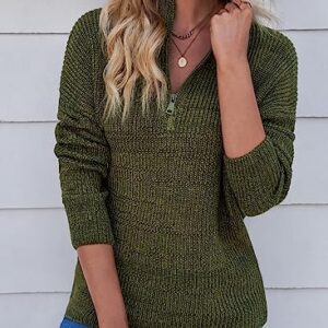 EVALESS Sweaters for Women Waffle Knit Long Sleeve Quarter Zip Pullover for Women Business Casual Fall Fashion Tops Winter Trendy Aestheic Teathcer Clothes V Neck Oversized Green Sweater,Samll Size