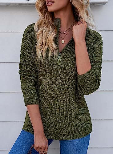 EVALESS Sweaters for Women Waffle Knit Long Sleeve Quarter Zip Pullover for Women Business Casual Fall Fashion Tops Winter Trendy Aestheic Teathcer Clothes V Neck Oversized Green Sweater,Samll Size