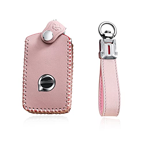 SANRILY Cowhide Leather Key Fob Cover for Volvo XC90 2017 2018 2019 XC60 S90 V90 Key Fob Keyless Full Protection Smart Key Case with Keychain Pink