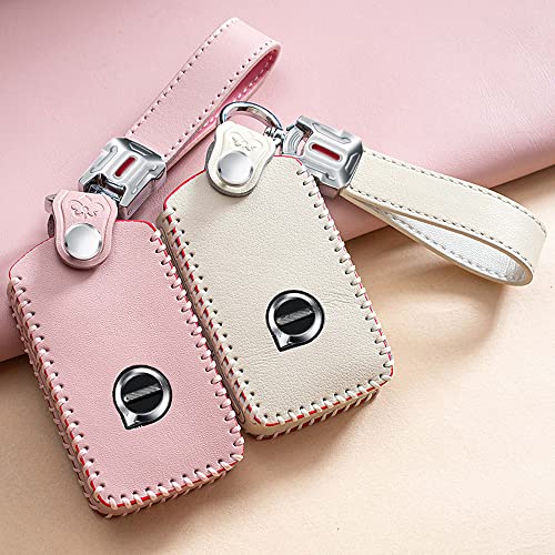 SANRILY Cowhide Leather Key Fob Cover for Volvo XC90 2017 2018 2019 XC60 S90 V90 Key Fob Keyless Full Protection Smart Key Case with Keychain Pink