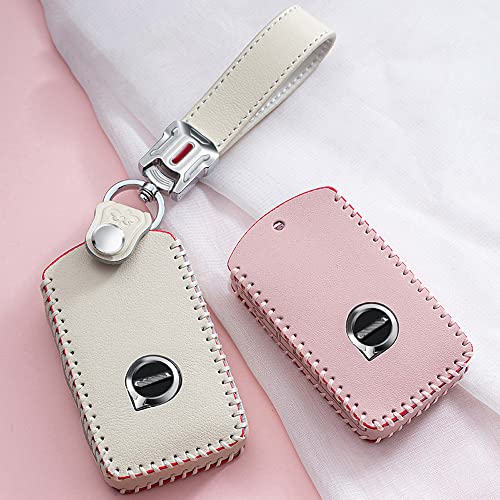 SANRILY Cowhide Leather Key Fob Cover for Volvo XC90 2017 2018 2019 XC60 S90 V90 Key Fob Keyless Full Protection Smart Key Case with Keychain Pink