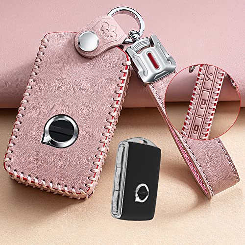 SANRILY Cowhide Leather Key Fob Cover for Volvo XC90 2017 2018 2019 XC60 S90 V90 Key Fob Keyless Full Protection Smart Key Case with Keychain Pink