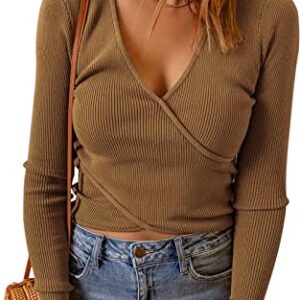 PRETTYGARDEN Women's Long Sleeve Cropped Sweaters Cross V Neck Pullover Ribbed Knit Slim Fitted Asymmetrical Tops Khaki