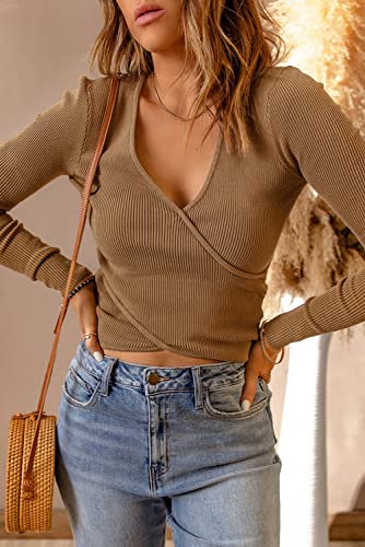 PRETTYGARDEN Women's Long Sleeve Cropped Sweaters Cross V Neck Pullover Ribbed Knit Slim Fitted Asymmetrical Tops Khaki