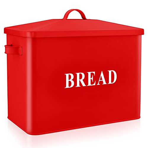 TeamFar Bread Box for Kitchen Countertop, Metal Extra Large Bread Box with Lid for Storage and Organization, 13’’ x 9.8’’ x 7.3’’ Modern Farmhouse Bread Bin to Holds 2+ Loaves- Red