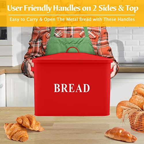 TeamFar Bread Box for Kitchen Countertop, Metal Extra Large Bread Box with Lid for Storage and Organization, 13’’ x 9.8’’ x 7.3’’ Modern Farmhouse Bread Bin to Holds 2+ Loaves- Red