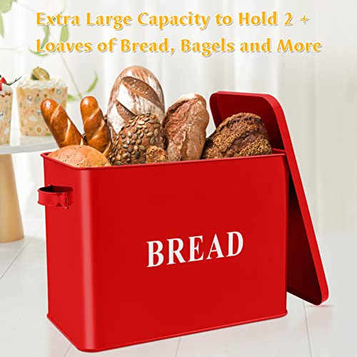 TeamFar Bread Box for Kitchen Countertop, Metal Extra Large Bread Box with Lid for Storage and Organization, 13’’ x 9.8’’ x 7.3’’ Modern Farmhouse Bread Bin to Holds 2+ Loaves- Red