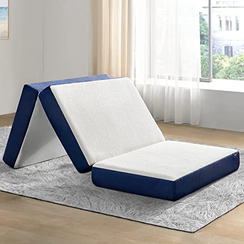 Molblly 3 inch Memory Foam Tri Folding Mattress, Portable Trifold Mattress Topper with Breathable & Washable Cover, Foldable Guest Bed for Camping, Small Twin - 25”x 75”x 3”