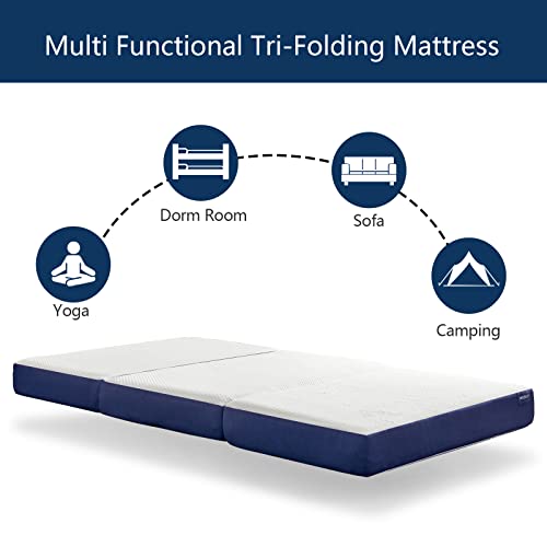 Molblly 3 inch Memory Foam Tri Folding Mattress, Portable Trifold Mattress Topper with Breathable & Washable Cover, Foldable Guest Bed for Camping, Small Twin - 25”x 75”x 3”