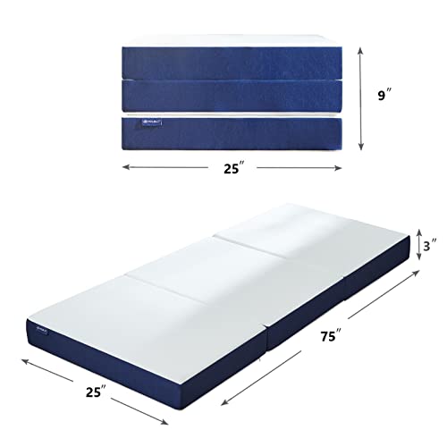 Molblly 3 inch Memory Foam Tri Folding Mattress, Portable Trifold Mattress Topper with Breathable & Washable Cover, Foldable Guest Bed for Camping, Small Twin - 25”x 75”x 3”