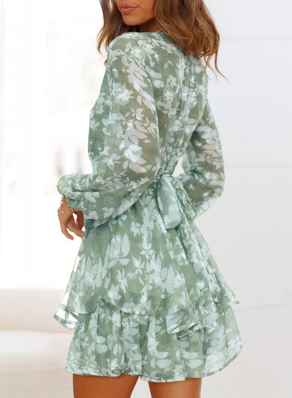 Dokotoo Womens Ladies Casual Summer Birthday Spring Ruffle Elegant Floral Long Sleeve Tie Knot V Neck Cute Chiffon Boho Beach Tunic Swing A Line Mini Short Skater Dresses for Women 2023 Green Large