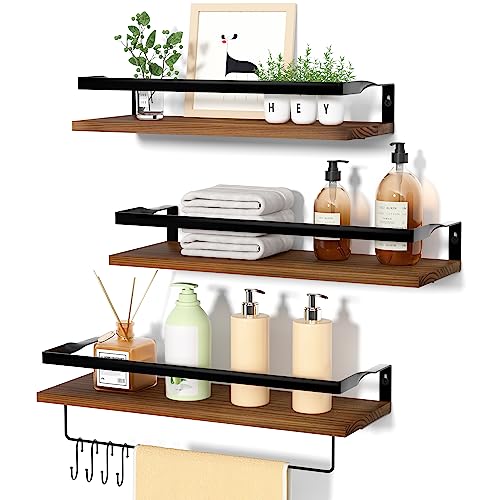 upsimples Floating Shelves, Bathroom Shelves Set of 3, Wood Wall Shelves with Removable Towel Bar, Wall Decor for Bathroom, Bedroom, Living Room, Kitchen, Dark Brown