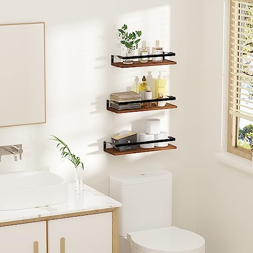 upsimples Floating Shelves, Bathroom Shelves Set of 3, Wood Wall Shelves with Removable Towel Bar, Wall Decor for Bathroom, Bedroom, Living Room, Kitchen, Dark Brown