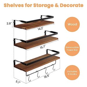 upsimples Floating Shelves, Bathroom Shelves Set of 3, Wood Wall Shelves with Removable Towel Bar, Wall Decor for Bathroom, Bedroom, Living Room, Kitchen, Dark Brown