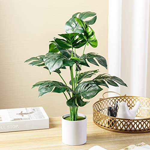 MyGift 20-inch Tall Artificial Garden Monstera Plant in Modern White Planter Pot, Fake Tropical Palm Tree, Faux Leafy Green Tabletop Decoration