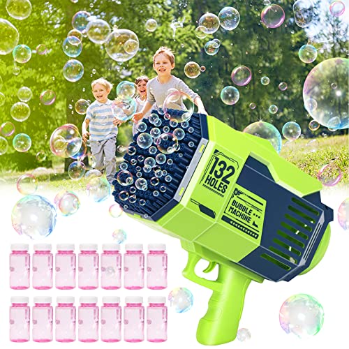 Bubble Gun, Upgraded 132-hole Bubble Machine Gun with Color Light, Bazooka Bubble Machine,Suitable for Children Adults, Indoor and Outdoor Birthday Wedding Party Events (Green)