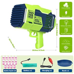 Bubble Gun, Upgraded 132-hole Bubble Machine Gun with Color Light, Bazooka Bubble Machine,Suitable for Children Adults, Indoor and Outdoor Birthday Wedding Party Events (Green)