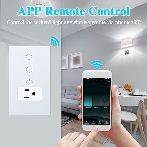 KEYGMA Combination Smart Touch Light Switch and Smart WiFi Power Wall Outlet, Tuya APP Smart Life, 15A /90-250V AC 60Hz, Combo Style, White