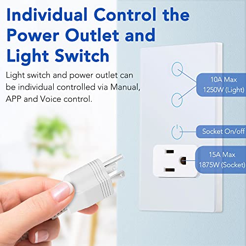 KEYGMA Combination Smart Touch Light Switch and Smart WiFi Power Wall Outlet, Tuya APP Smart Life, 15A /90-250V AC 60Hz, Combo Style, White