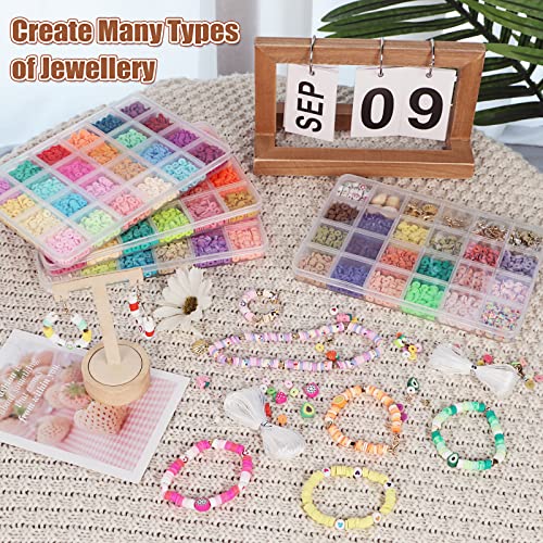 QUEFE 9000pcs, 90 Colors, Clay Beads for Bracelet Making Spacer Heishi Beads Flat Round Polymer Clay Beads for Jewelry Making Kit with Fruit Flower Beads Pendant Charms Kit and Elastic Strings