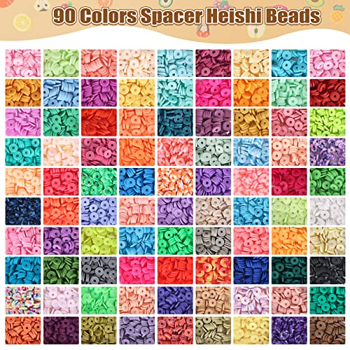 QUEFE 9000pcs, 90 Colors, Clay Beads for Bracelet Making Spacer Heishi Beads Flat Round Polymer Clay Beads for Jewelry Making Kit with Fruit Flower Beads Pendant Charms Kit and Elastic Strings