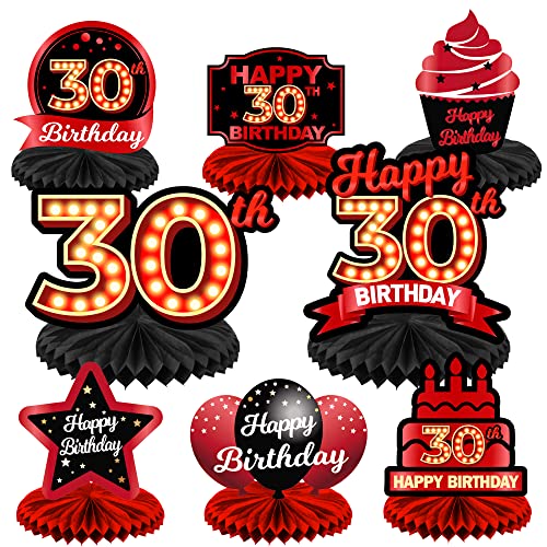 Happy 30th Birthday Red and Black Table Honeycomb Centerpieces Balloons Theme Decor Table Decorations Table Toppers for Girls Women Princess 30 Years Old Birthday Party Bday Supplies Background Gold