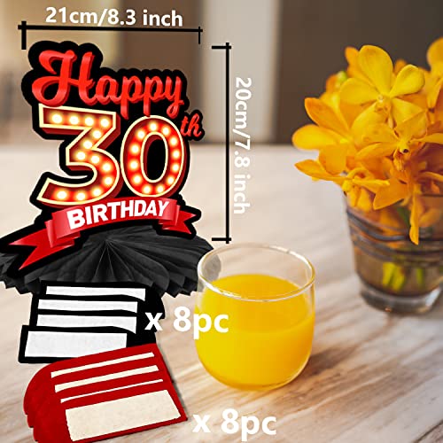 Happy 30th Birthday Red and Black Table Honeycomb Centerpieces Balloons Theme Decor Table Decorations Table Toppers for Girls Women Princess 30 Years Old Birthday Party Bday Supplies Background Gold