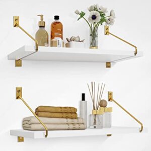 Godimerhea White Floating Shelves for Wall, Set of 2 Wall Mounted Hanging Wood Shelf with Gold Brackets, Modern Luxury Decorative Organizers Storage Shelves for Bathroom, Living Room, Bedroom