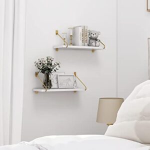 Godimerhea White Floating Shelves for Wall, Set of 2 Wall Mounted Hanging Wood Shelf with Gold Brackets, Modern Luxury Decorative Organizers Storage Shelves for Bathroom, Living Room, Bedroom