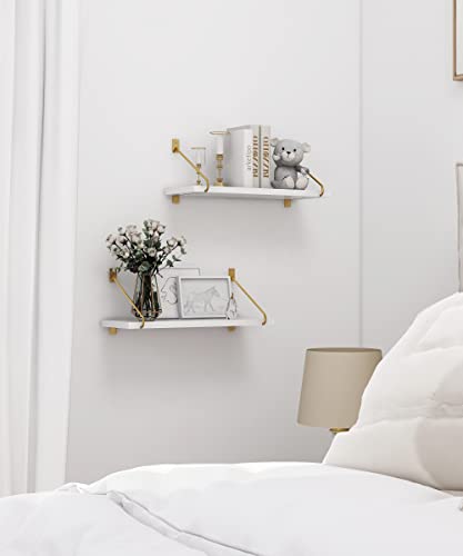 Godimerhea White Floating Shelves for Wall, Set of 2 Wall Mounted Hanging Wood Shelf with Gold Brackets, Modern Luxury Decorative Organizers Storage Shelves for Bathroom, Living Room, Bedroom