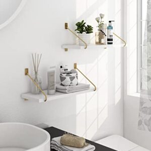 Godimerhea White Floating Shelves for Wall, Set of 2 Wall Mounted Hanging Wood Shelf with Gold Brackets, Modern Luxury Decorative Organizers Storage Shelves for Bathroom, Living Room, Bedroom