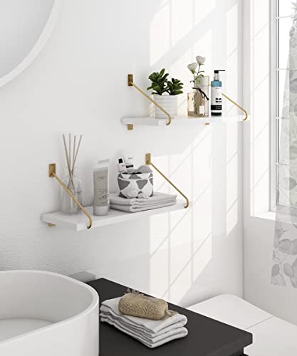 Godimerhea White Floating Shelves for Wall, Set of 2 Wall Mounted Hanging Wood Shelf with Gold Brackets, Modern Luxury Decorative Organizers Storage Shelves for Bathroom, Living Room, Bedroom