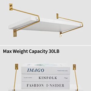 Godimerhea White Floating Shelves for Wall, Set of 2 Wall Mounted Hanging Wood Shelf with Gold Brackets, Modern Luxury Decorative Organizers Storage Shelves for Bathroom, Living Room, Bedroom