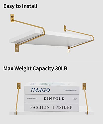 Godimerhea White Floating Shelves for Wall, Set of 2 Wall Mounted Hanging Wood Shelf with Gold Brackets, Modern Luxury Decorative Organizers Storage Shelves for Bathroom, Living Room, Bedroom