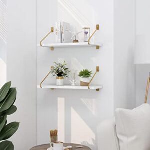 Godimerhea White Floating Shelves for Wall, Set of 2 Wall Mounted Hanging Wood Shelf with Gold Brackets, Modern Luxury Decorative Organizers Storage Shelves for Bathroom, Living Room, Bedroom