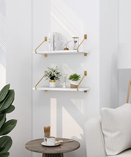 Godimerhea White Floating Shelves for Wall, Set of 2 Wall Mounted Hanging Wood Shelf with Gold Brackets, Modern Luxury Decorative Organizers Storage Shelves for Bathroom, Living Room, Bedroom