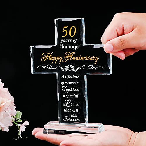 YWHL 50th Wedding Anniversary Religious Gifts for Parents, Laser Engraved Glass Standing Cross Keepsake for Couple, 50 Years of Marriage Cross Present