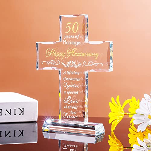 YWHL 50th Wedding Anniversary Religious Gifts for Parents, Laser Engraved Glass Standing Cross Keepsake for Couple, 50 Years of Marriage Cross Present