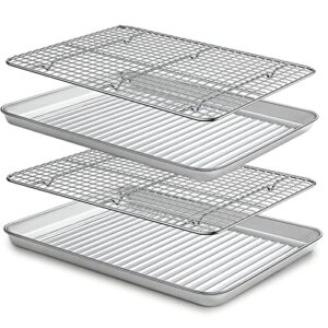 baking sheet with cooling rack set(2 pans+2 racks) 16'', terlulu stainless steel baking pan with wire rack, heavy jelly roll sheet pan&bacon rack for oven cooking, cookie sheet, 16 x 12.1 x 1.1 inch