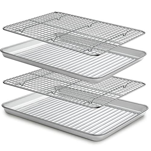 Baking Sheet with Cooling Rack Set(2 Pans+2 Racks) 16'', Terlulu Stainless Steel Baking Pan with Wire Rack, Heavy Jelly Roll Sheet Pan&Bacon Rack for Oven Cooking, Cookie Sheet, 16 x 12.1 x 1.1 Inch