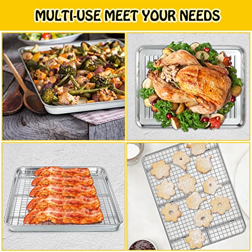 Baking Sheet with Cooling Rack Set(2 Pans+2 Racks) 16'', Terlulu Stainless Steel Baking Pan with Wire Rack, Heavy Jelly Roll Sheet Pan&Bacon Rack for Oven Cooking, Cookie Sheet, 16 x 12.1 x 1.1 Inch