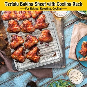 Baking Sheet with Cooling Rack Set(2 Pans+2 Racks) 16'', Terlulu Stainless Steel Baking Pan with Wire Rack, Heavy Jelly Roll Sheet Pan&Bacon Rack for Oven Cooking, Cookie Sheet, 16 x 12.1 x 1.1 Inch