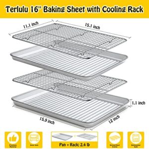 Baking Sheet with Cooling Rack Set(2 Pans+2 Racks) 16'', Terlulu Stainless Steel Baking Pan with Wire Rack, Heavy Jelly Roll Sheet Pan&Bacon Rack for Oven Cooking, Cookie Sheet, 16 x 12.1 x 1.1 Inch