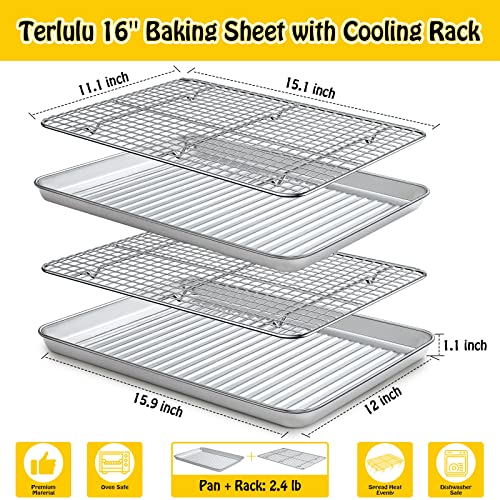 Baking Sheet with Cooling Rack Set(2 Pans+2 Racks) 16'', Terlulu Stainless Steel Baking Pan with Wire Rack, Heavy Jelly Roll Sheet Pan&Bacon Rack for Oven Cooking, Cookie Sheet, 16 x 12.1 x 1.1 Inch