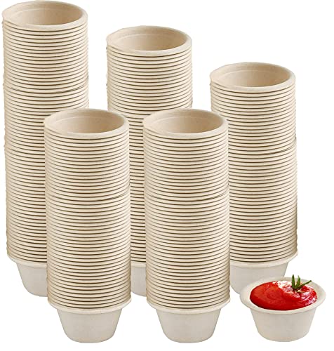 Cezoyx 300 Pack 2 Oz Natural Bagasse Fiber Cups, Disposable Paper Condiment Cups Compostable Tasting Cups, Sample Portion Cups for Jello Shot, Souffle, Condiment, Sauce