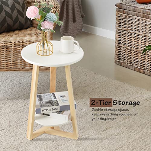 TINSAWOOD Round Side Table, Two-Tier White Side Table for Living Room, Bedroom, Balcony, Office & Small Spaces, Small End Table with Storage Shelf, Easy Assembly