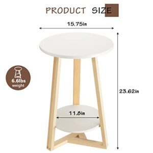 TINSAWOOD Round Side Table, Two-Tier White Side Table for Living Room, Bedroom, Balcony, Office & Small Spaces, Small End Table with Storage Shelf, Easy Assembly