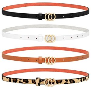 sansths skinny belts for women, 4 set thin faux leather belts with gold double o buckle for jeans pant dress summe£¨s,leopard £©